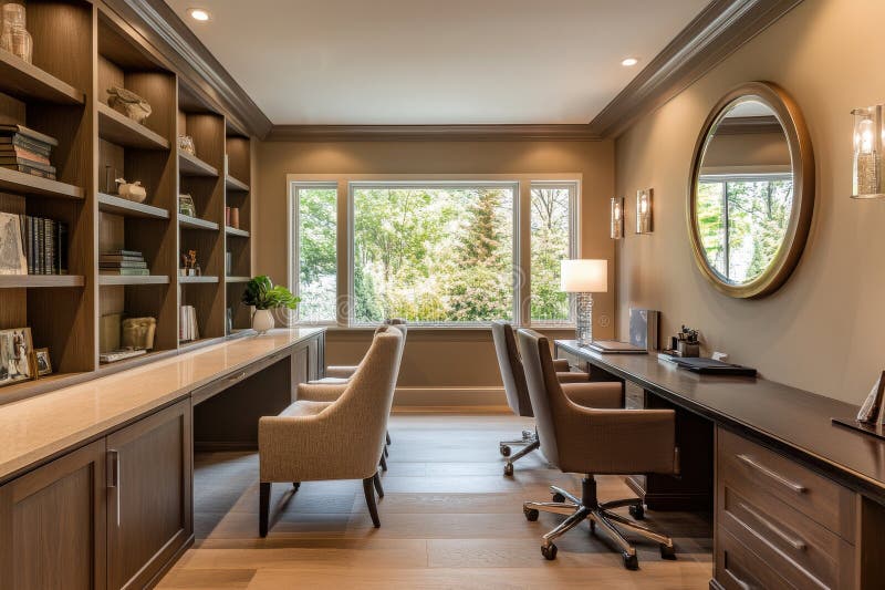 Spacious and Sophisticated Home Office with Custom Built-in Bookcases ...