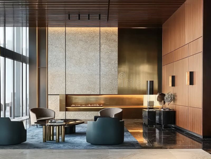 Luxurious Modern Hotel Lobby with Fireplace and Stylish Seating Stock ...