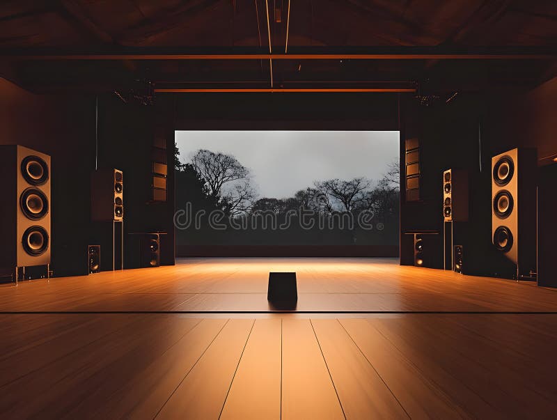 A Spacious Stage with Large Speakers and a Backdrop of Trees, Designed ...