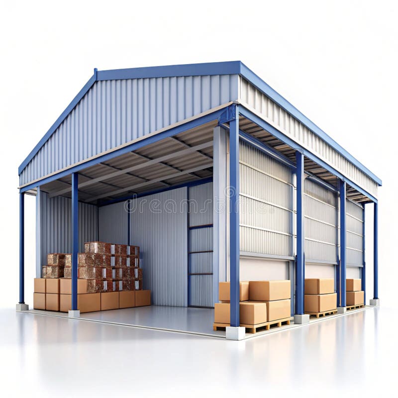 Spacious Steel Frame Warehouse with Open Storage and Palletized Boxes ...