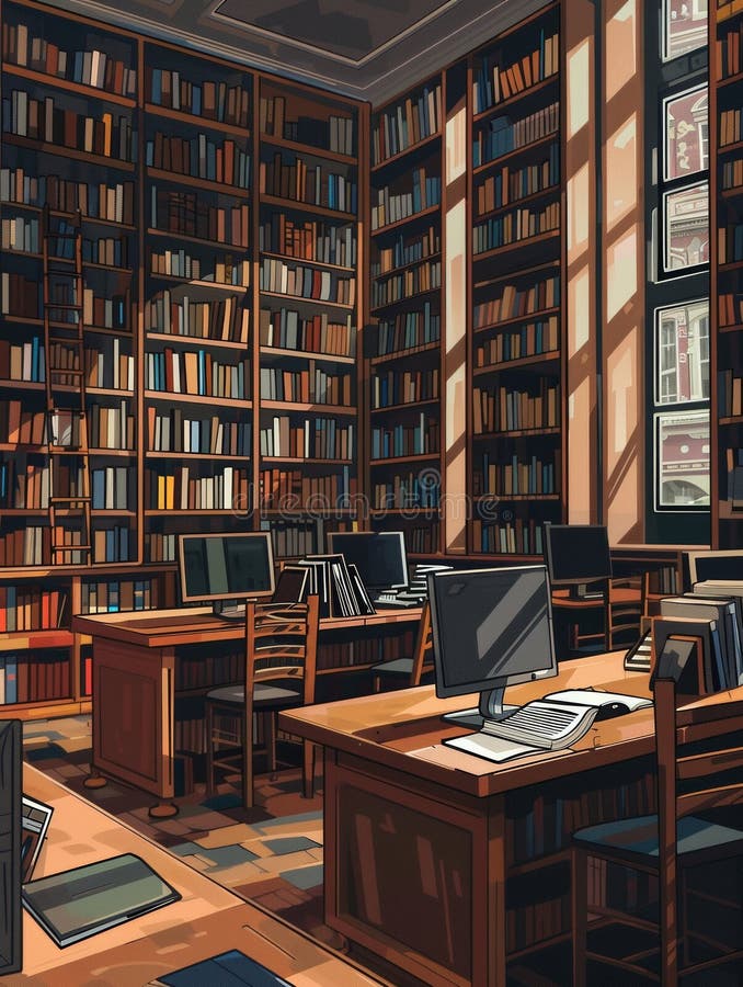 A Spacious Student Library with Rows of Bookshelves and Computers ...