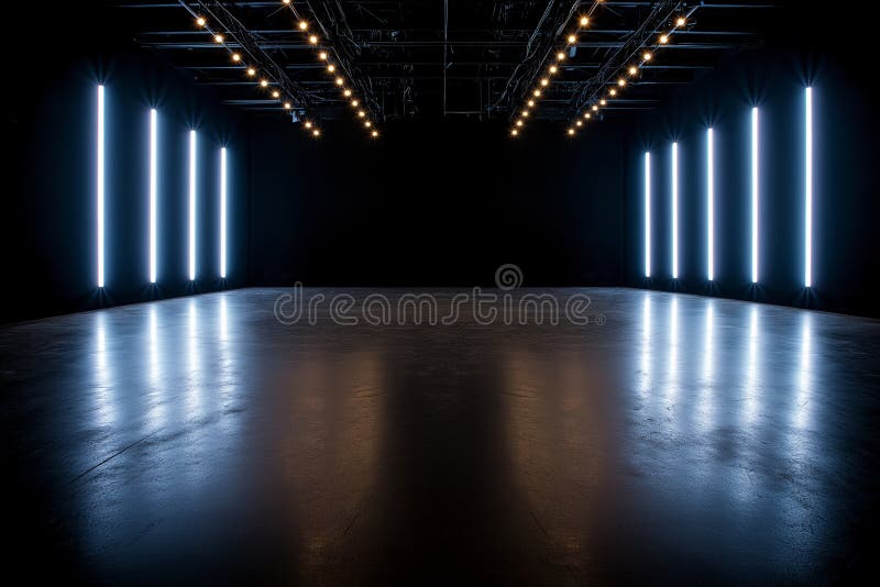Spacious Studio with Black Walls and Bright Neon Light Bars Creating ...