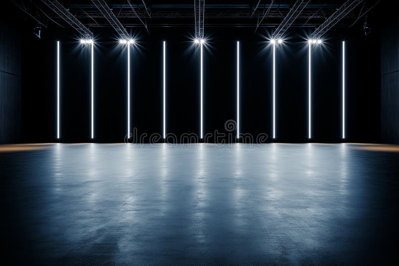 Spacious Studio with Black Walls and Bright White Neon Light Bars ...