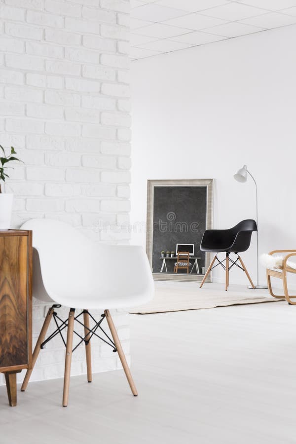 Spacious Studio with White Brick Wall Stock Photo - Image of ...