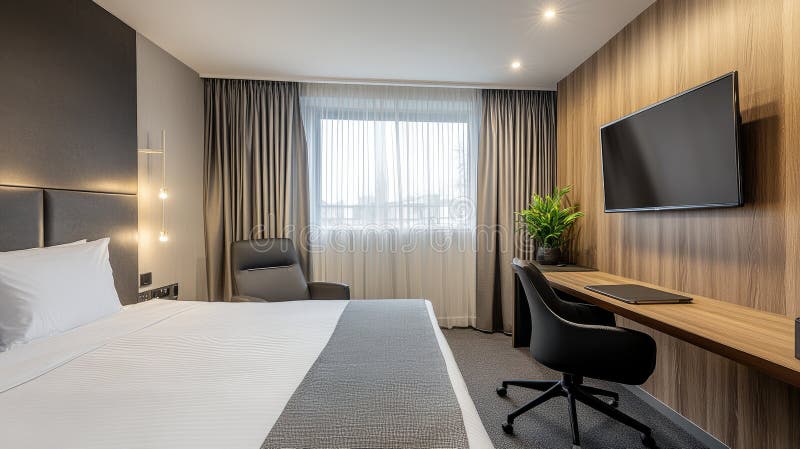 Spacious and Stylish Hotel Room Featuring a Comfortable Bed, an Office ...