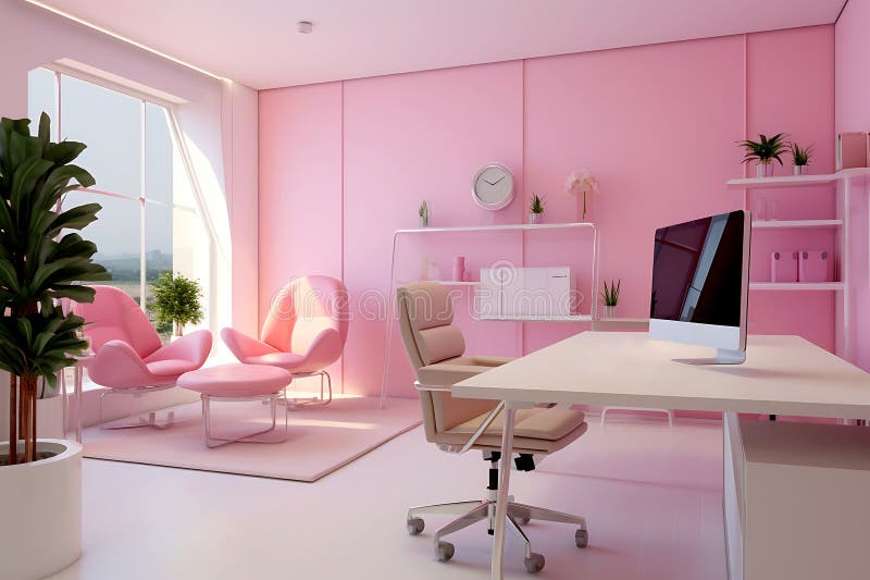 Spacious Stylish Pink Office of the Boss, Illuminated by Daylight ...