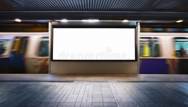 Bright Advertising Panel at a Subway Station with a Moving Train in the ...