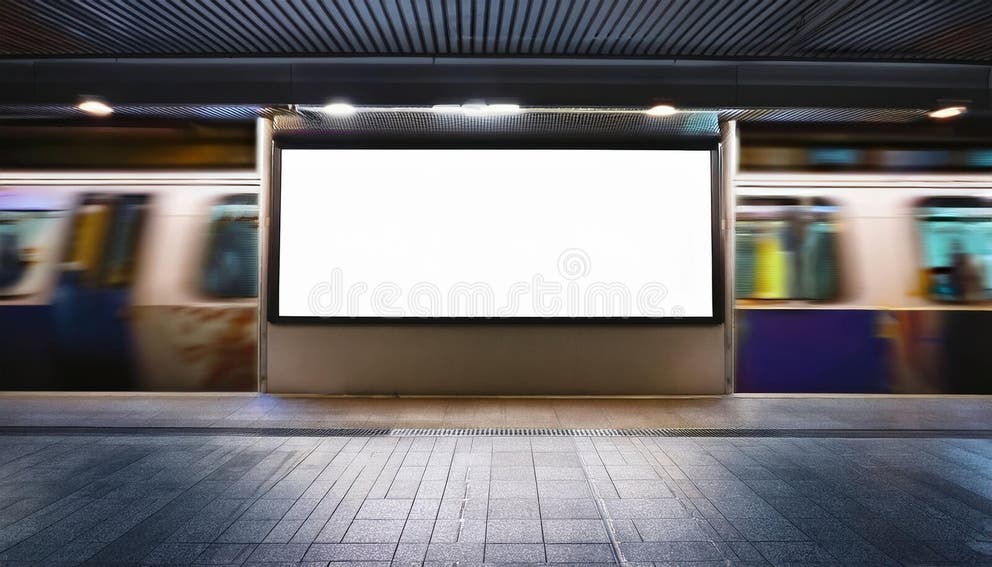 Bright Advertising Panel at a Subway Station with a Moving Train in the ...
