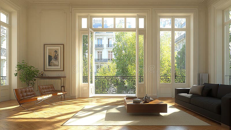 Spacious, Sun-drenched Living Room with Large Windows Stock ...