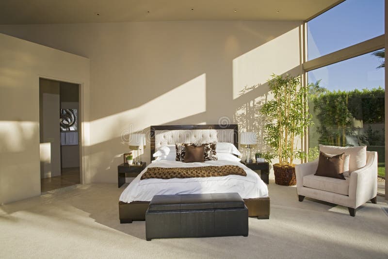 Luxury Bedroom Interor with Scenic View from Deck Stock Image - Image ...