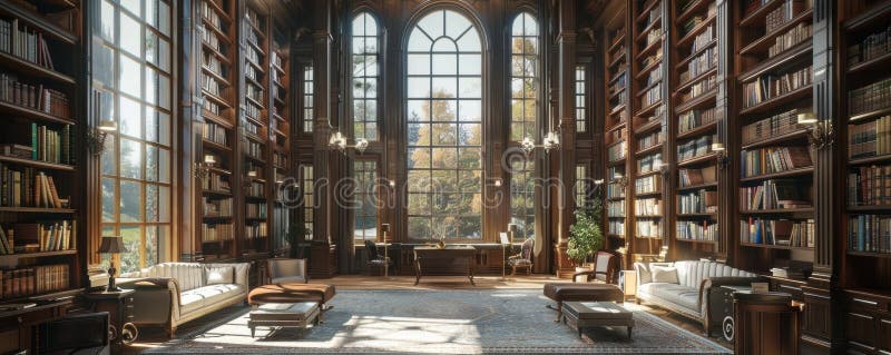 Spacious, Sunlit Library Featuring High Ceilings and Expansive Windows ...