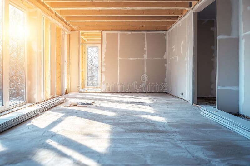 Spacious Sunlit Room. Empty Room with Plasterboard Walls Under ...