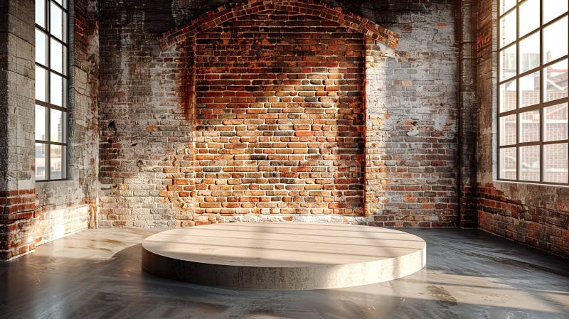 A Spacious, Sunlit Studio with a Circular Wooden Platform and Rustic ...