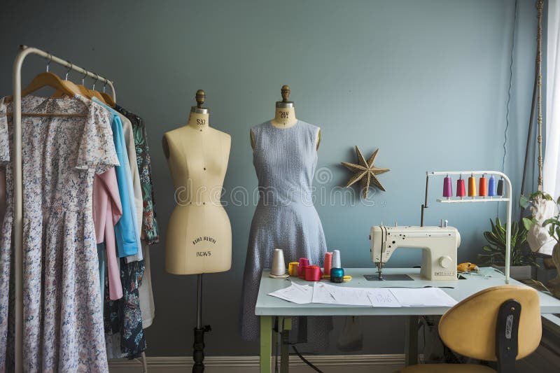Tailor Workspace with Floral Dress, Mannequins, and Vibrant Tools Stock ...
