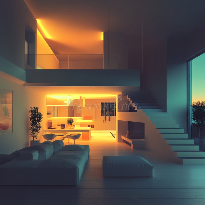 A Spacious, Tech-forward Modern Interior Design Stock Illustration ...