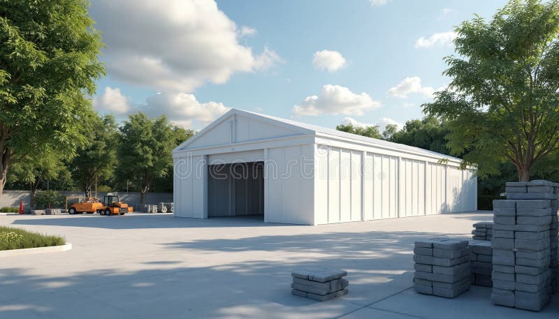 Spacious Temporary White Warehouse Structure Stands in Yard. Ample ...