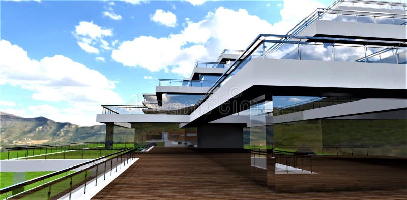 Spacious Terrace of a Multi-level Luxury Hotel with a Glass Facade ...