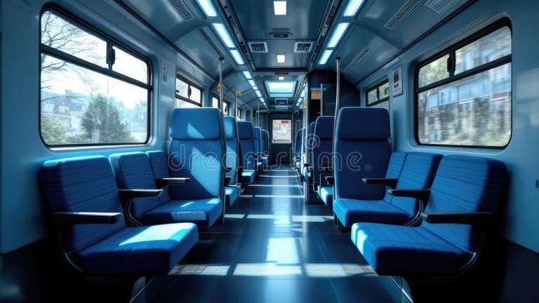 Empty Train Interior with Blue Seats during Daytime Travel. Generative AI Stock Image - Image of ...