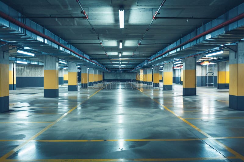 Spacious Underground Parking Garage with Yellow Columns, Illuminated by ...