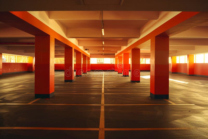 Spacious Underground Parking Garage with Yellow Columns, Illuminated by ...