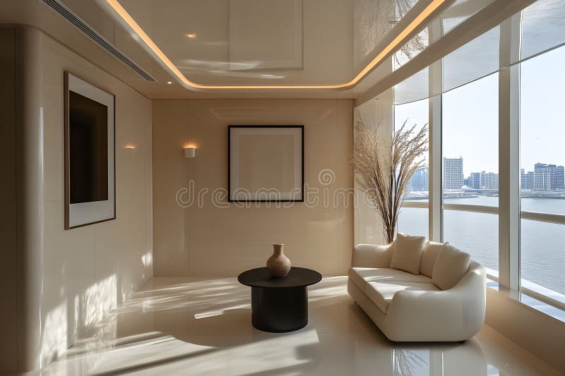 Modern Hall Room Interior with Elegant Furnishings and City View in ...