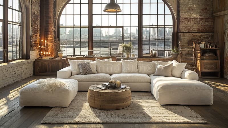 Spacious Urban Loft Living Room with Brick Wall, Large Windows, and ...