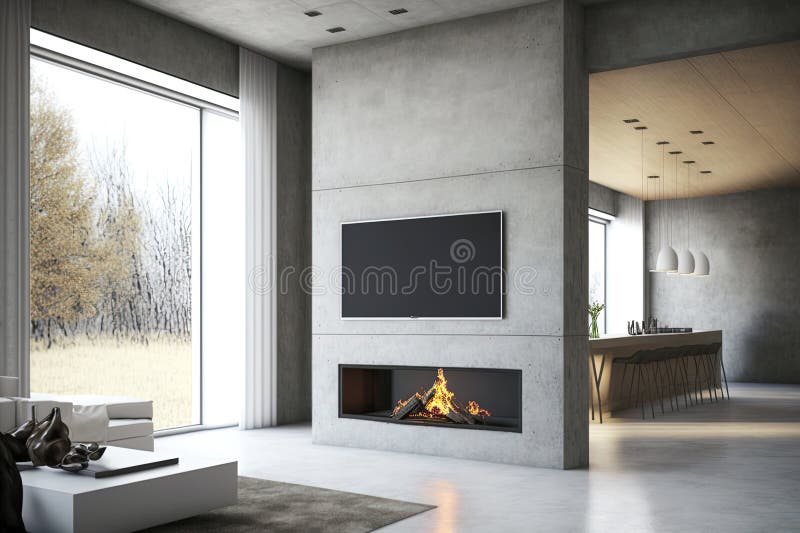 Spacious Villa Interior with Cement Wall Effect, Fireplace and Tv Stock ...