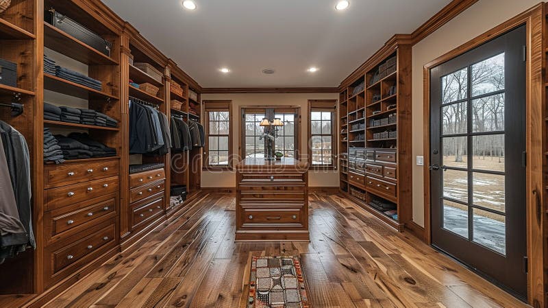 Spacious Walk-in Closet with Custom Shelving and an Island Dresser ...