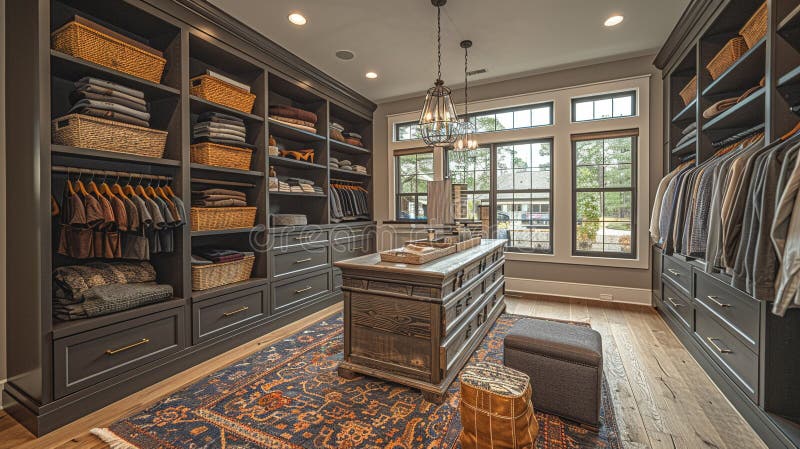 Spacious Walk-in Closet with Custom Shelving and an Island Dresser ...
