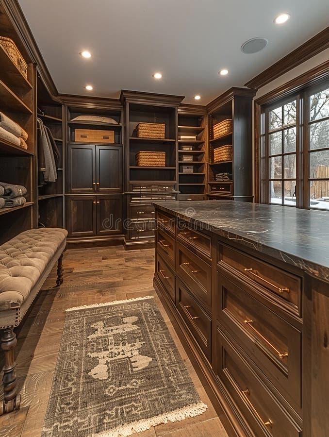 Spacious Walk-in Closet with Custom Shelving and an Island Dresser ...