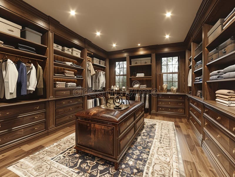 Spacious Walk-in Closet with Custom Shelving and an Island Dresser3D ...