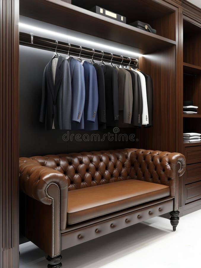 A Spacious Walkin Closet with a Luxurious Leather Sofa Elegant Lighting ...