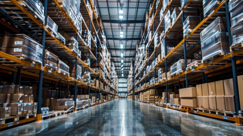 Spacious Warehouse Aisle with Rows of Shelves and Boxes Stock Image ...