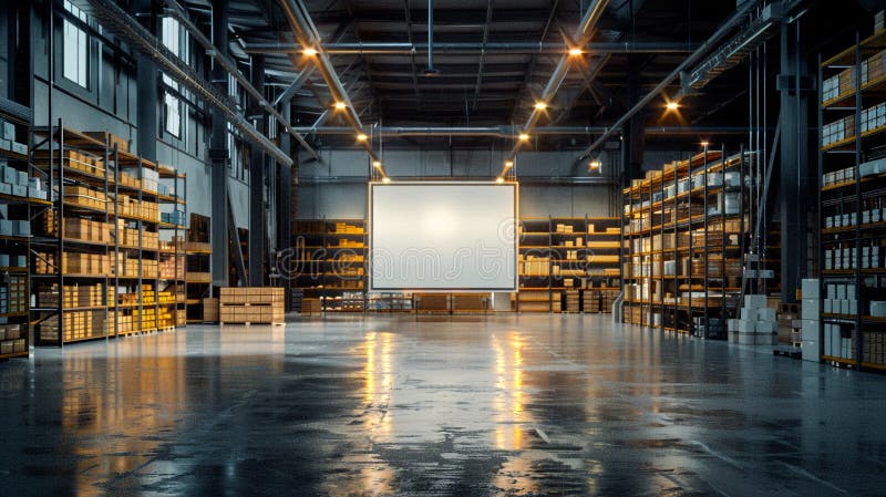 Large Warehouse Interior with Shelves and a Blank Projection Screen at ...