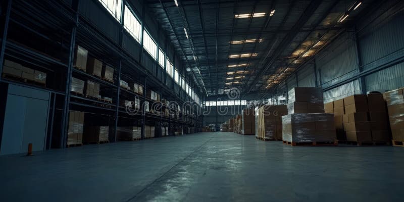 Spacious Warehouse Features Tall Shelves Filled with Packaged Goods and ...