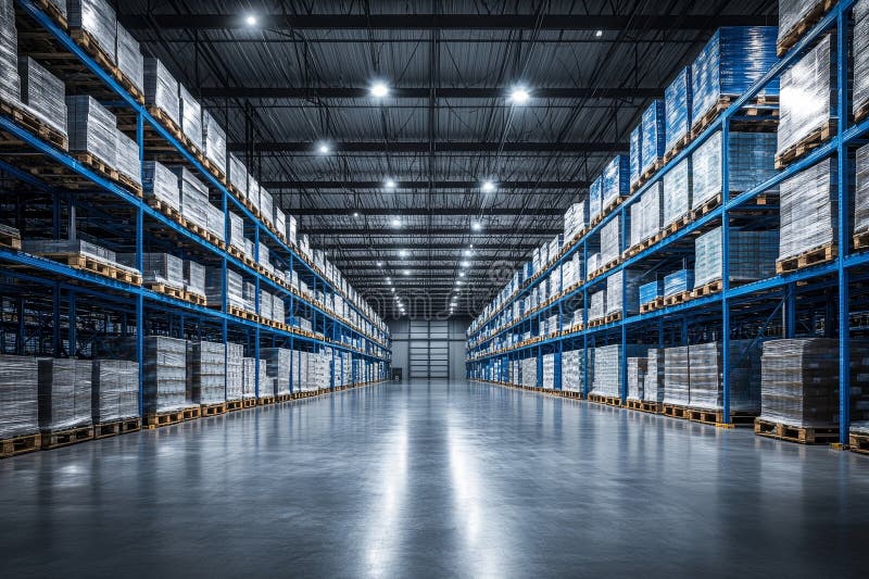 Spacious Warehouse Featuring Blue and White Racking Systems Organized ...