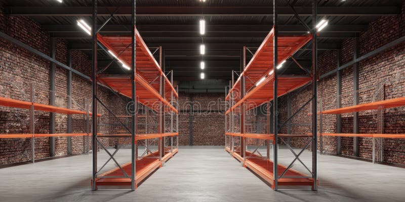 The Spacious Warehouse Featuring Modern Orange Shelving Units Against ...