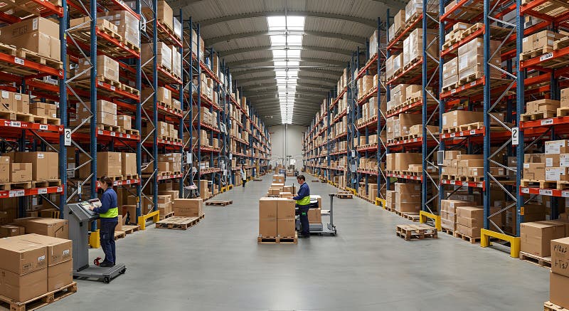 Large Warehouse Inventory Management: Workers Stockpiling Cardboard ...