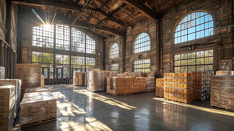 Spacious Warehouse Filled with Neatly Stacked Boxes, Sunlight Streaming ...