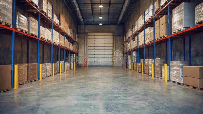 A Spacious Warehouse Filled with Stacked Pallets and Boxes, Showcasing ...