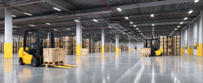 The Spacious Warehouse with Forklifts and Organized Pallet Storage..AI ...
