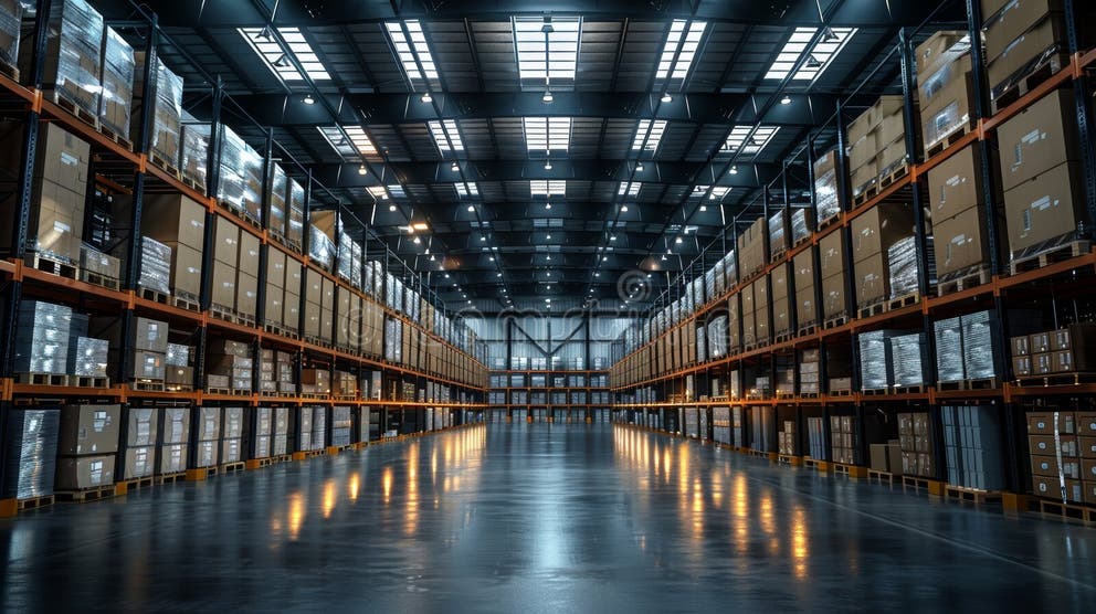 A Spacious Warehouse with High Ceilings and Rows of Stacked Boxes. the ...
