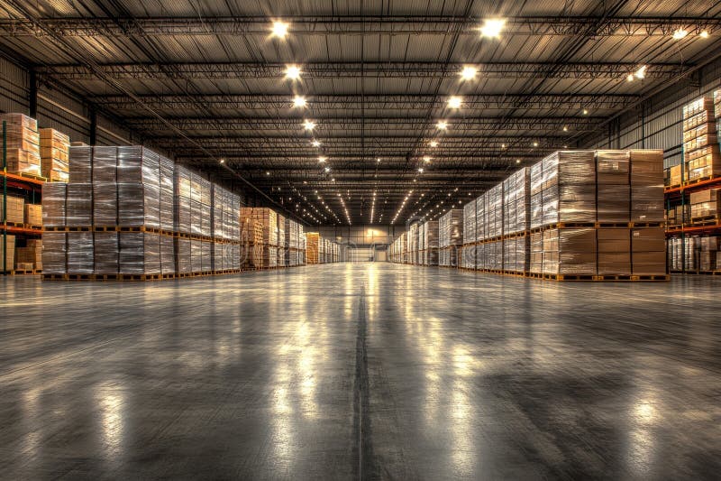 Spacious Warehouse Interior Featuring High Shelves, Pallets, and Modern Industrial Lighting ...