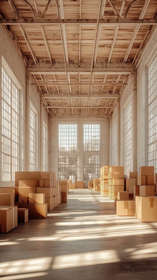 Spacious Warehouse Interior Filled with Neatly Stacked Cardboard Boxes ...