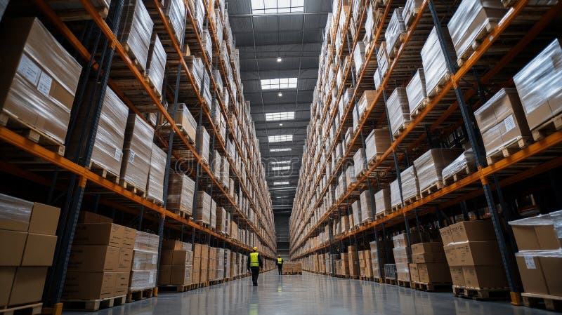 Spacious Warehouse Interior with High Ceilings Filled with Stacked ...