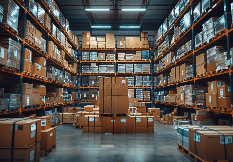 Spacious Warehouse Interior with High Shelves Stocked with Various ...