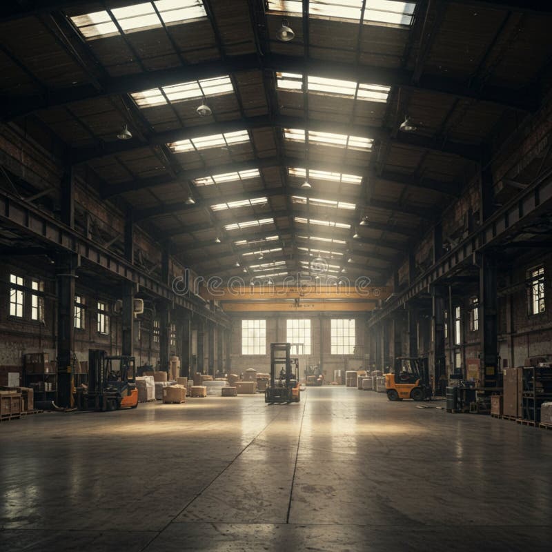 Spacious Warehouse Interior with High Wooden Ceiling and Rows of ...