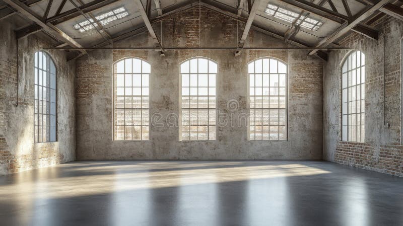 Spacious Warehouse Interior with Large Windows and Sunlight Stock ...