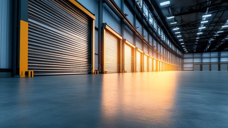 Spacious Warehouse Interior with Loading Doors and Evening Sunlight ...