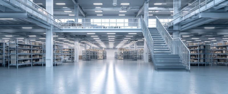 The Spacious Warehouse Interior with Modern Shelving and Stairway ...